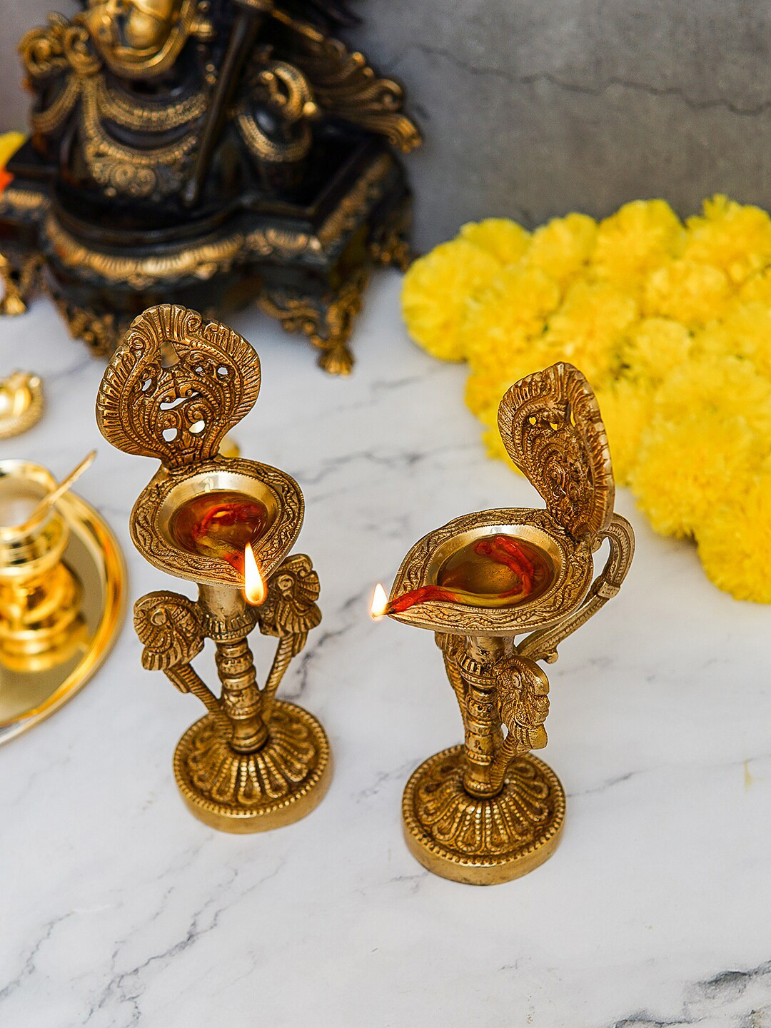 Buy StatueStudio Set Of 2 Gold Toned Pooja Aarti Oil Lamps - Pooja ...
