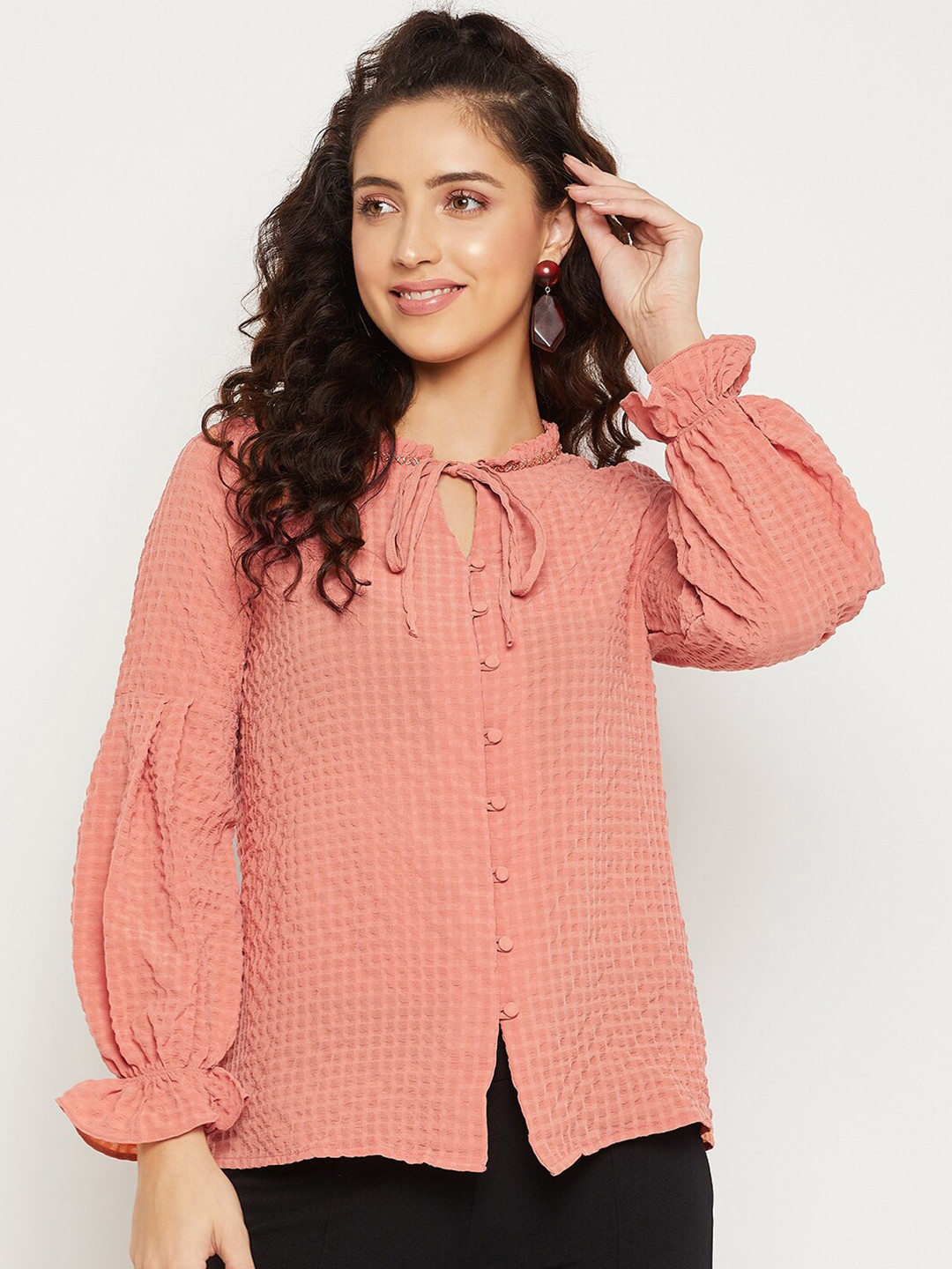 Buy Madame Peach Coloured Solid Tie Up Neck Shirt Style Top - Tops for ...