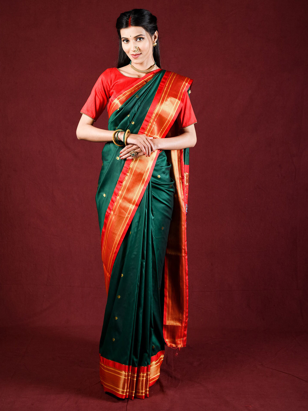 Buy Exclusiva Green & Red Woven Design Zari Silk Blend Paithani Saree ...