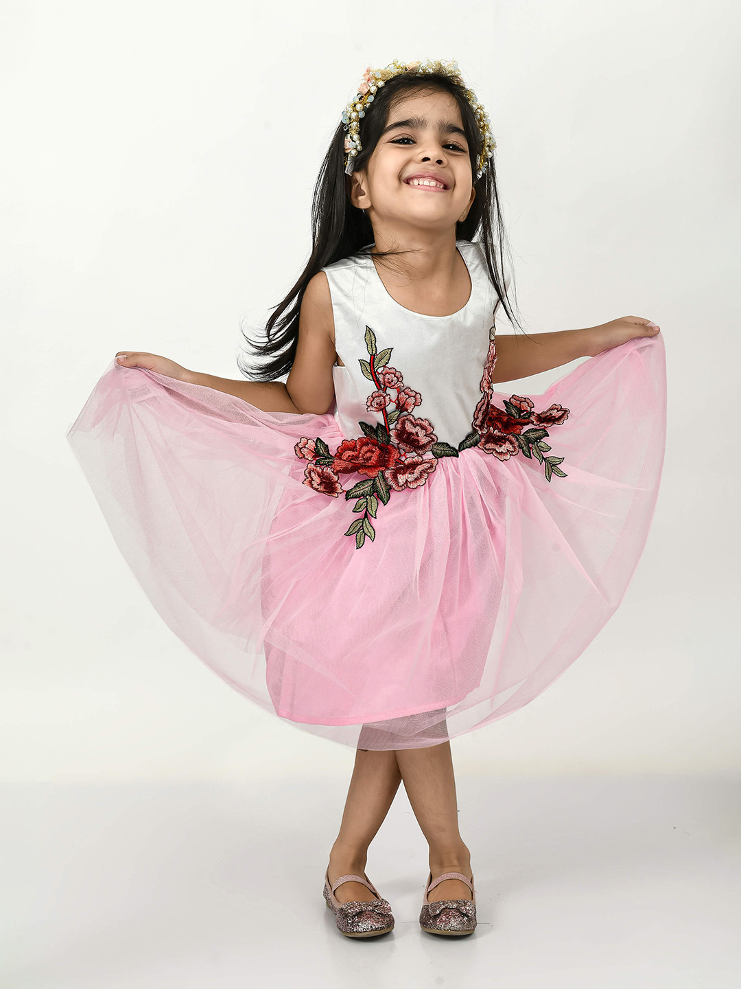 Buy Bella Moda Girls White & Pink Colourblocked Fit And Flare Dress ...