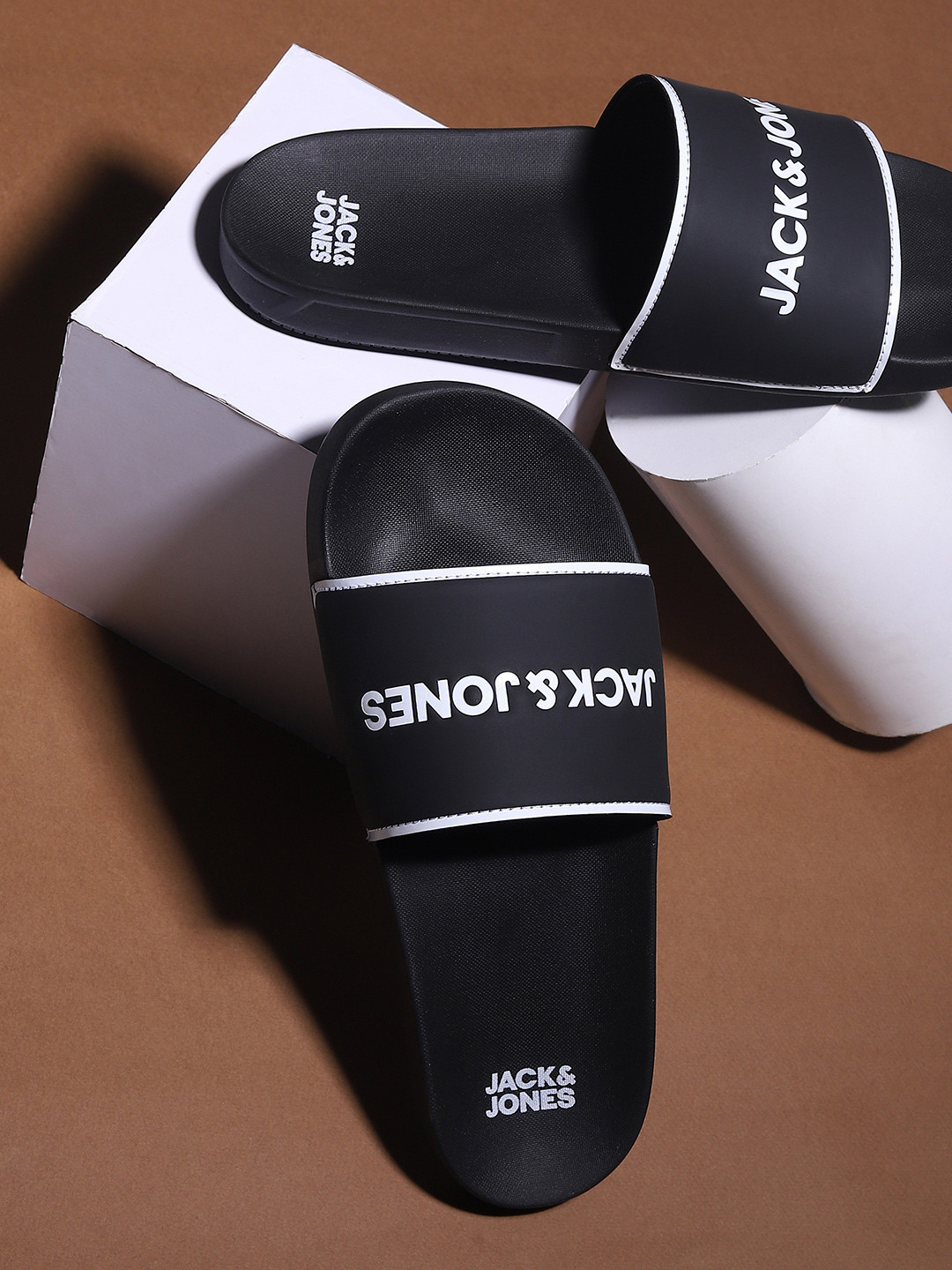 Buy Jack & Jones Men Black & White Sliders - Flip Flops for Men ...