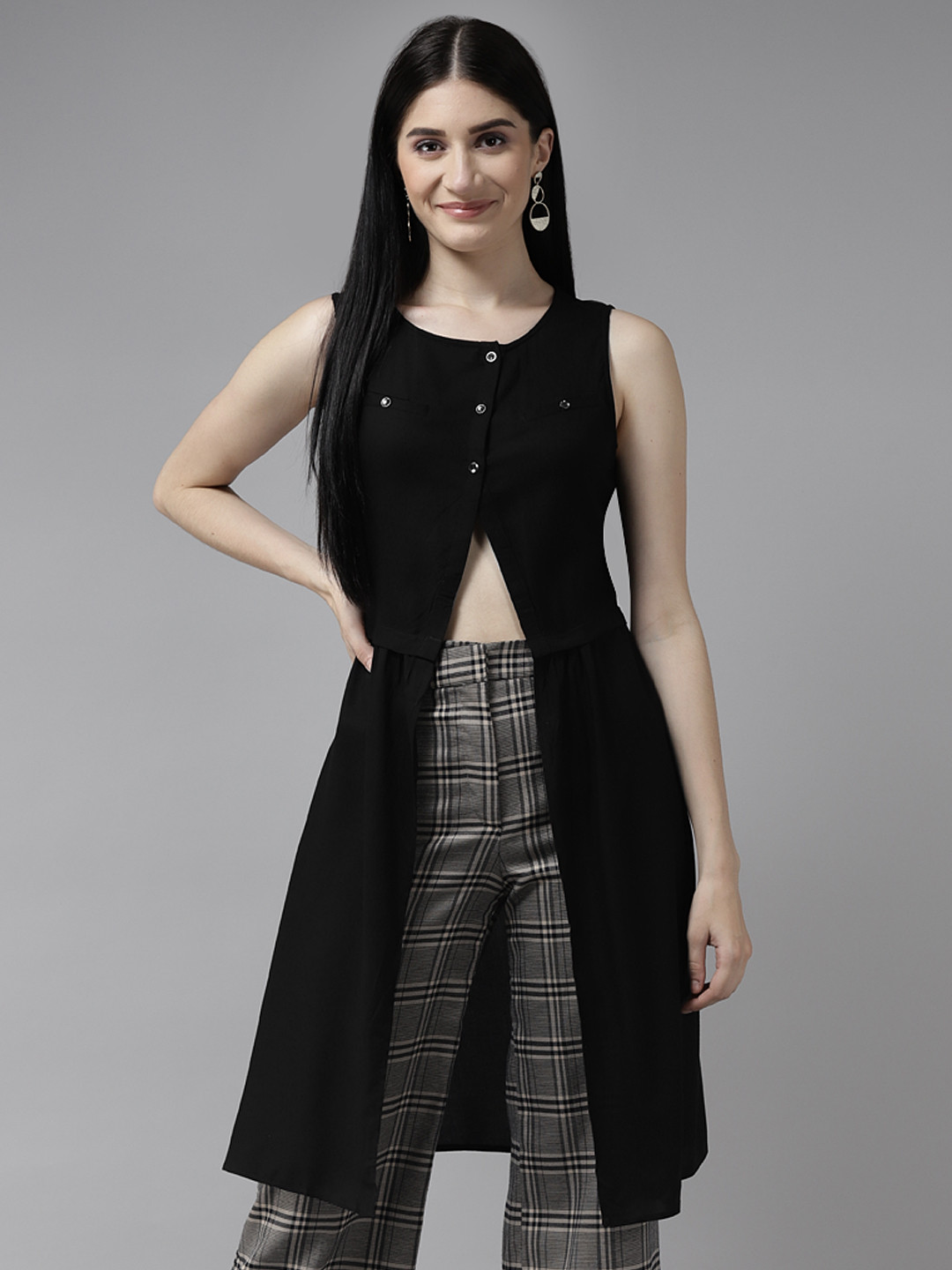 Buy Aarika Black Solid Front Slit Longline A Line Top - Tops for Women ...