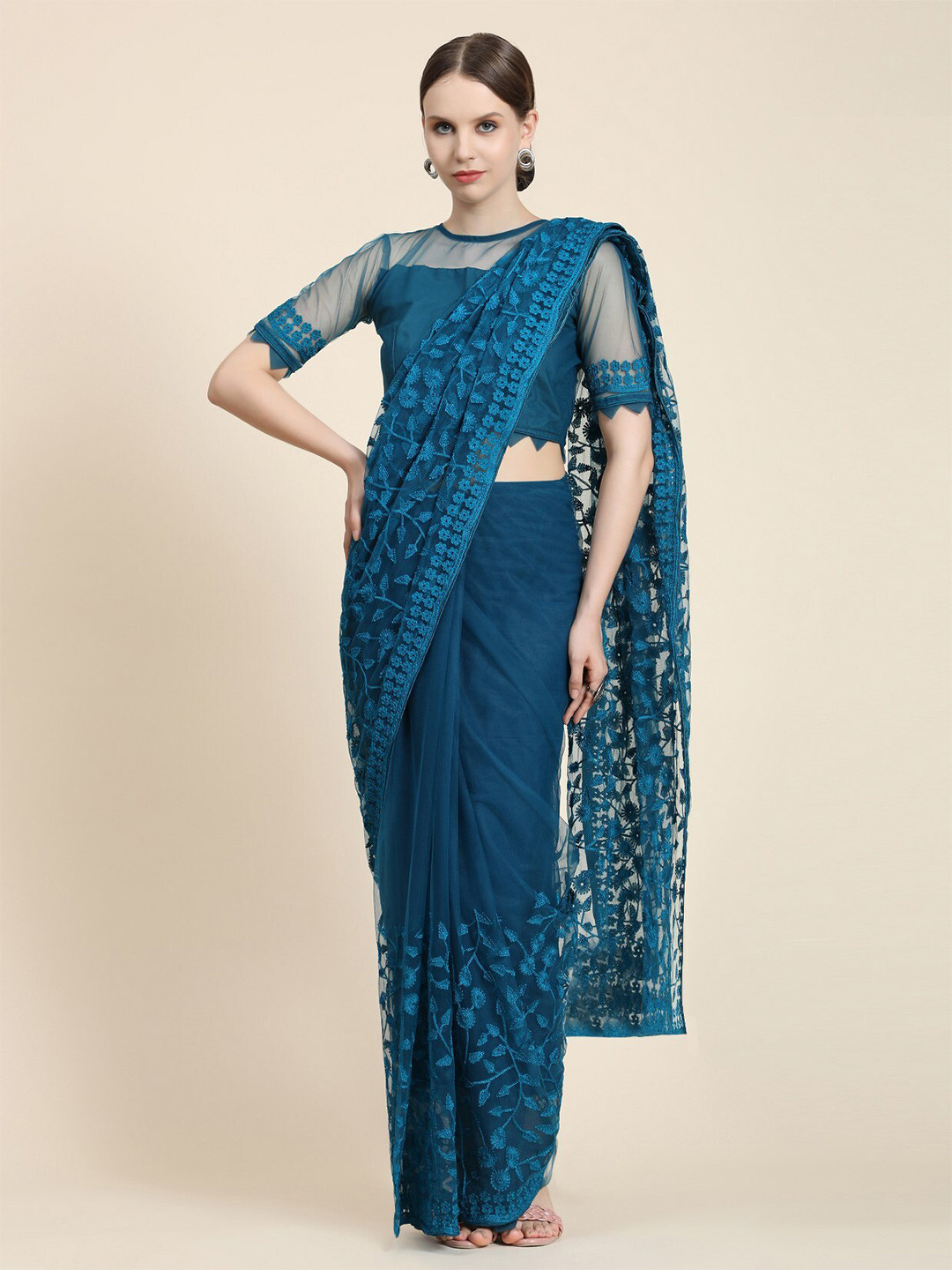 Buy ORUS Turquoise Blue Floral Embroidered Net Heavy Work Saree With ...