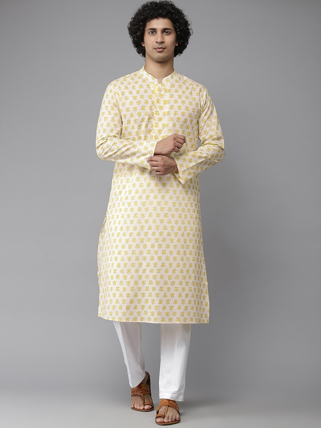 Buy See Designs Men Yellow Ethnic Motifs Printed Pure Cotton Kurta ...