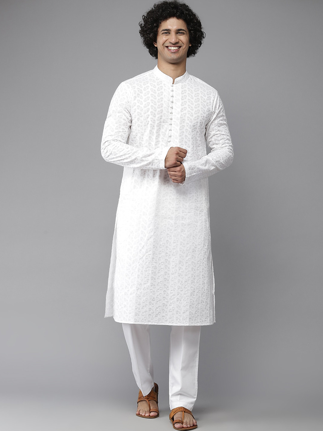 Buy See Designs Men White Geometric Embroidered Chikankari Pure Cotton ...