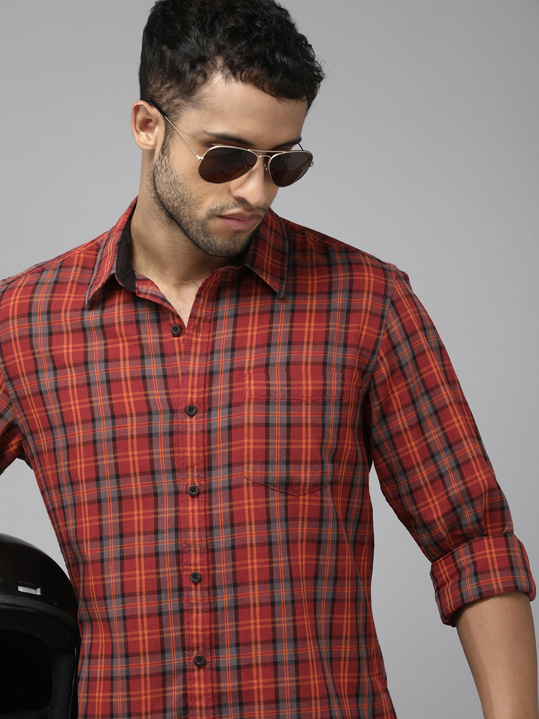 Buy Roadster Men Rust Red & Orange Checked Pure Cotton Casual Shirt ...