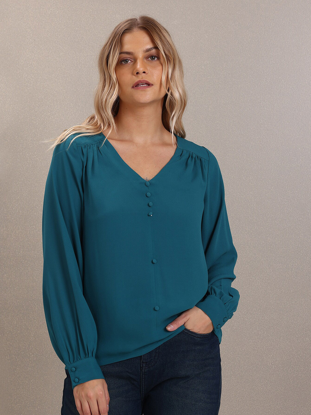 Buy U S Polo Assn Women Teal Mock Button Placket Long Sleeve Top - Tops ...