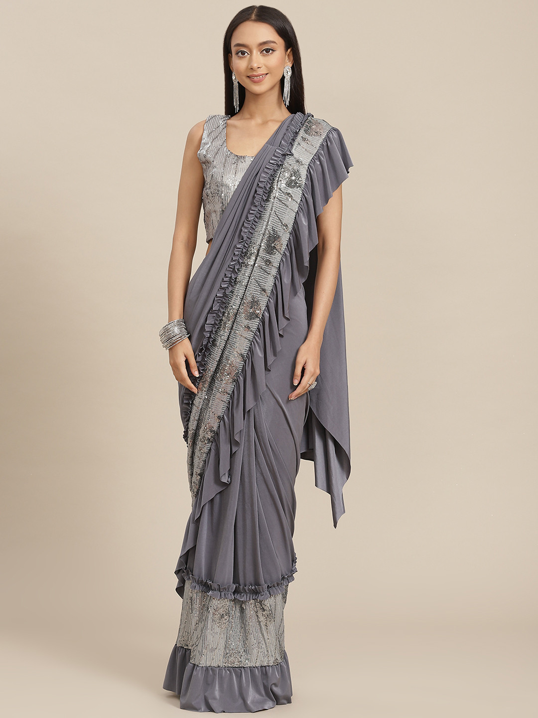 Buy SAARYA Grey Embellished Sequinned Satin Ready To Wear Saree ...