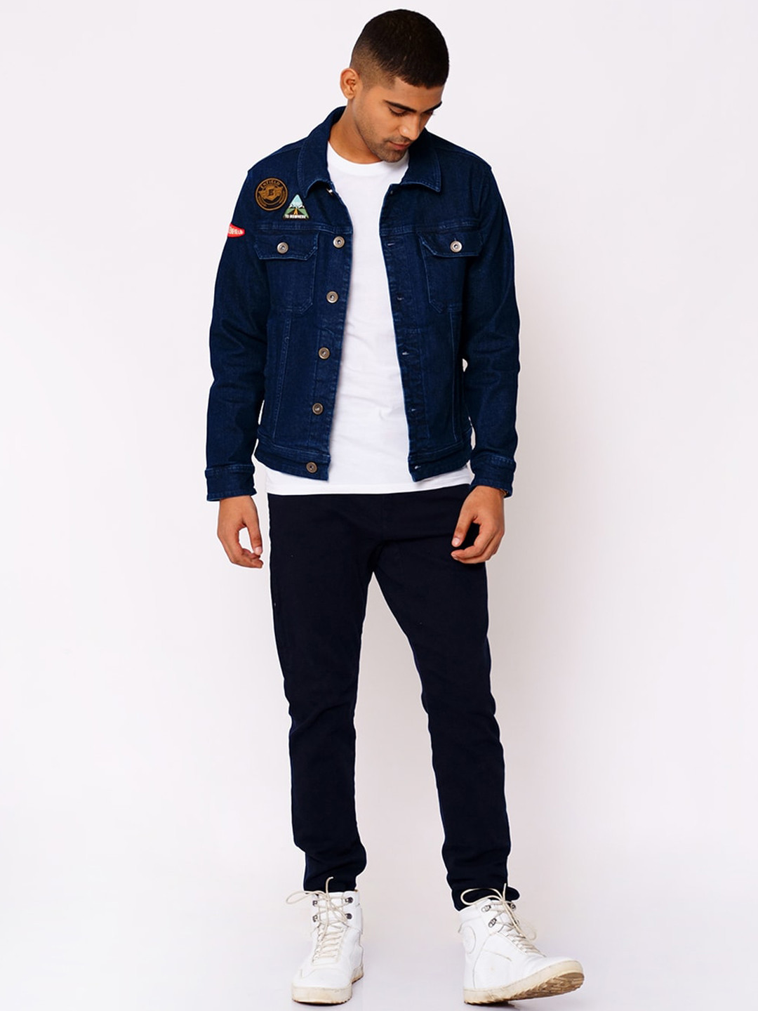 Buy Royal Enfield Men Navy Blue Crop Denim Trucker Jacket - Jackets for ...