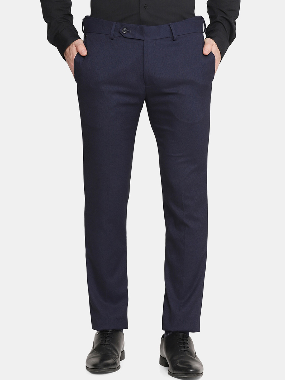 Buy Blackberrys Men Navy Blue Slim Fit Low Rise Formal Trousers ...