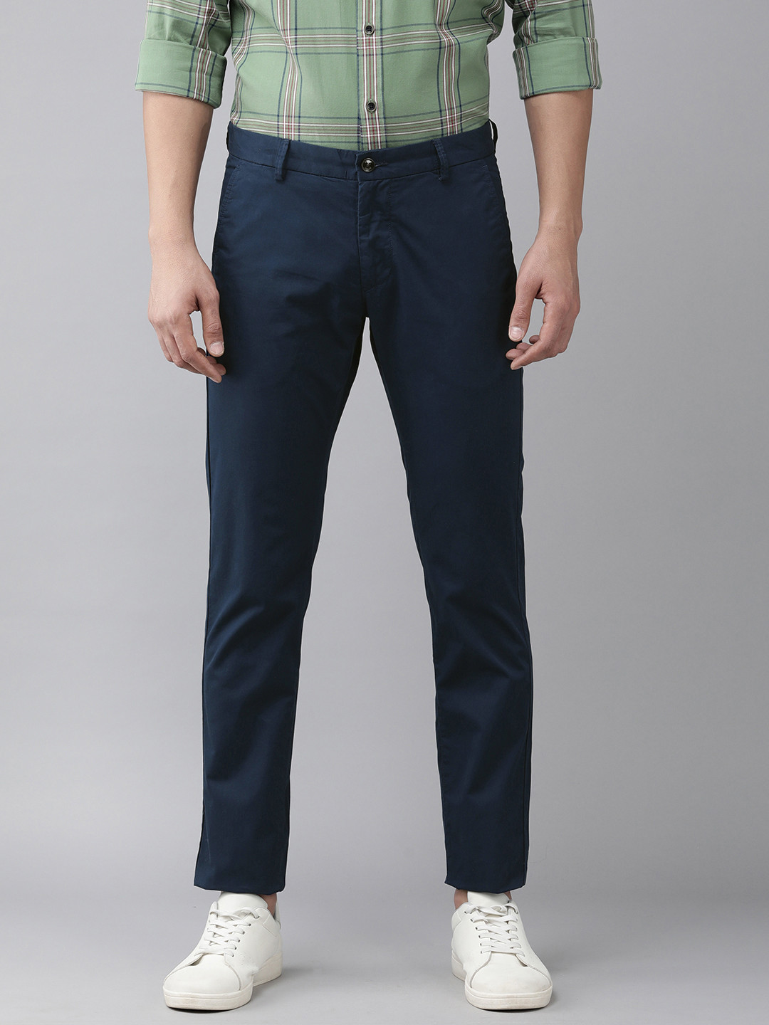Buy Arrow Sport Men Navy Blue Pure Cotton Original Slim Fit Trousers ...