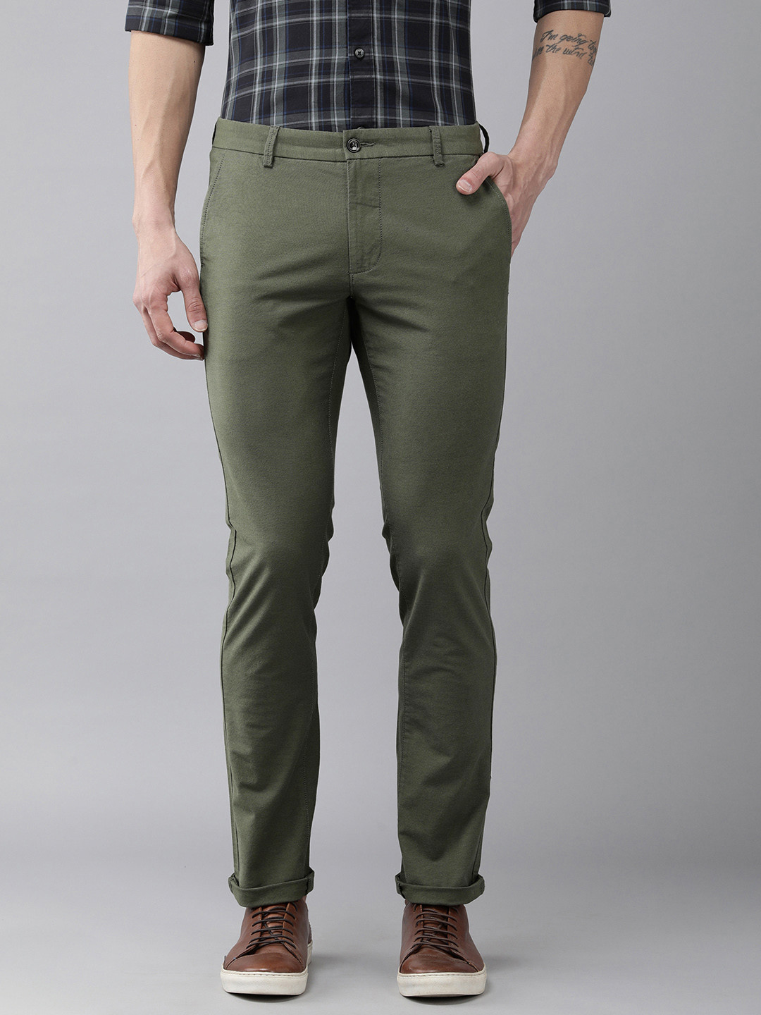 Buy Arrow Sport Men Olive Green Original Slim Fit Trousers - Trousers ...