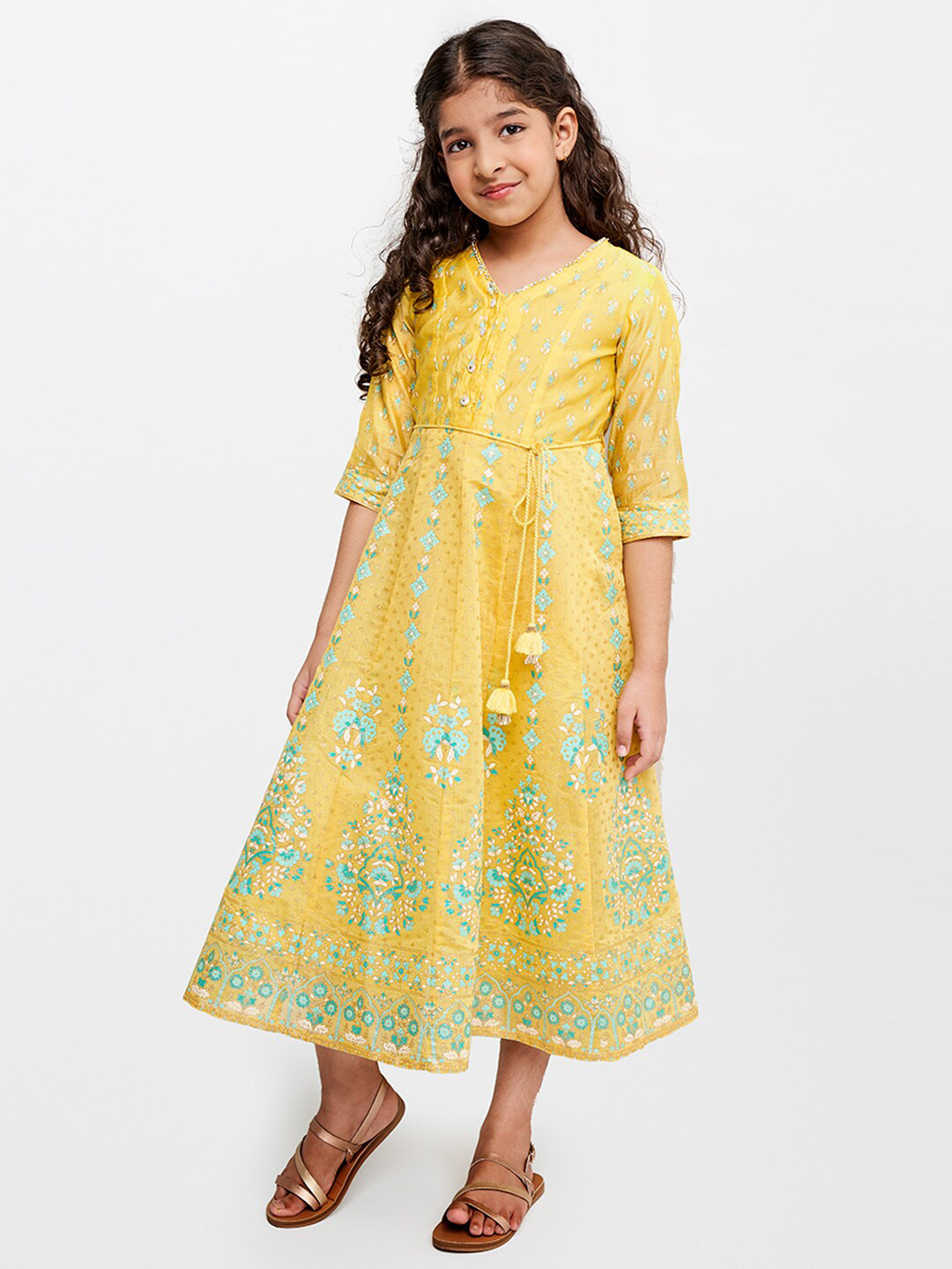 Buy Global Desi Yellow Ethnic Motifs A Line Midi Dress - Dresses for ...