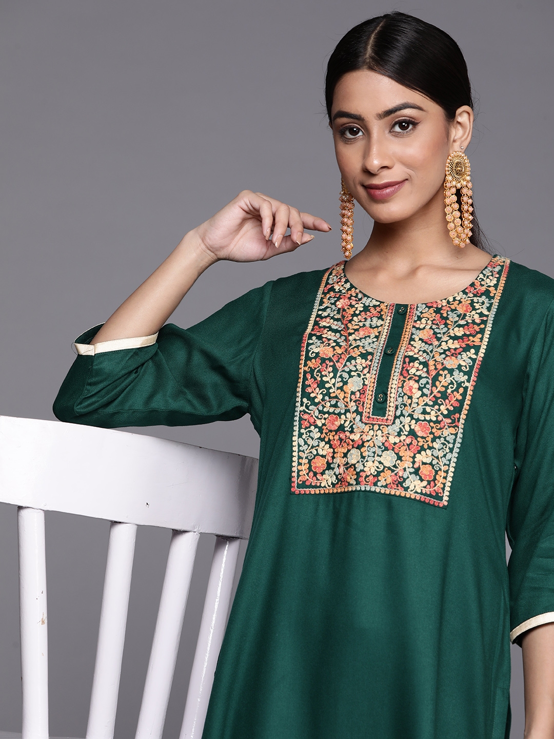 Buy Libas Women Green Floral Yoke Design Pashmina Kurta Kurtas For