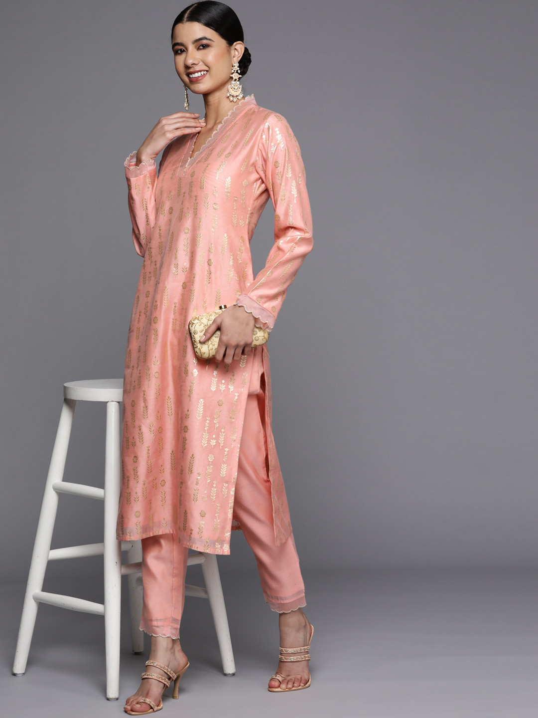 Buy Libas Women Peach Coloured & Golden Ethnic Motifs Brocade Kurta ...