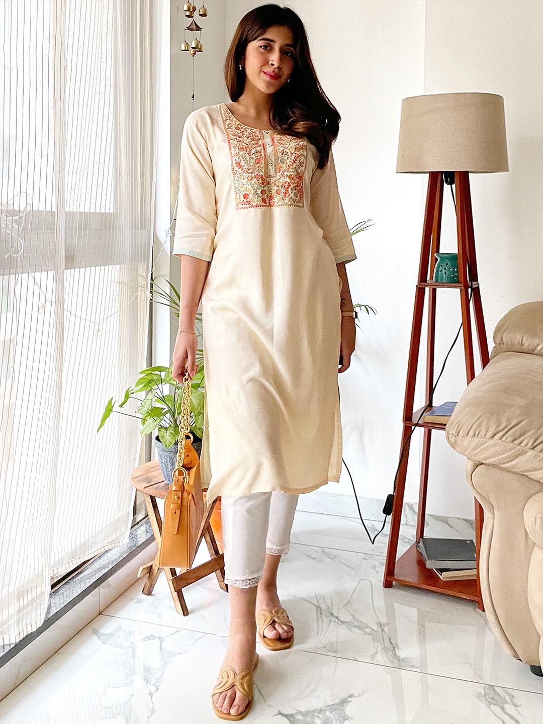 Buy Libas Women Cream Coloured And Peach Coloured Floral Embroidered
