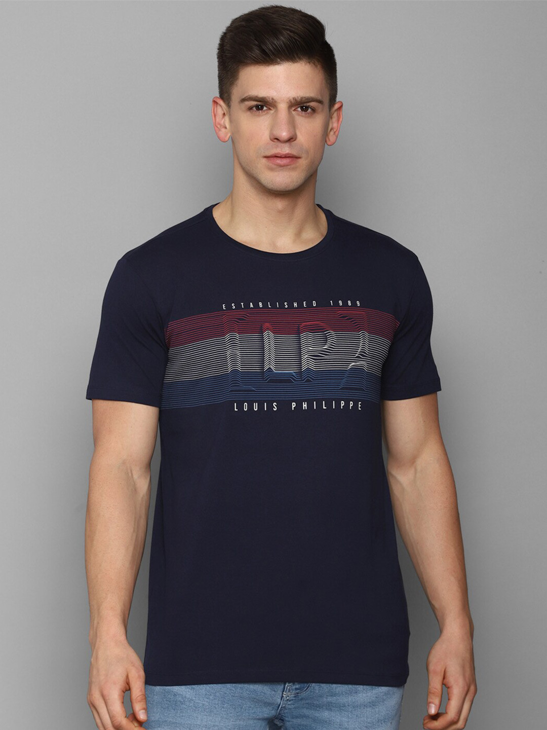 Buy Louis Philippe Sport Men Navy Blue Typography Printed Cotton T ...