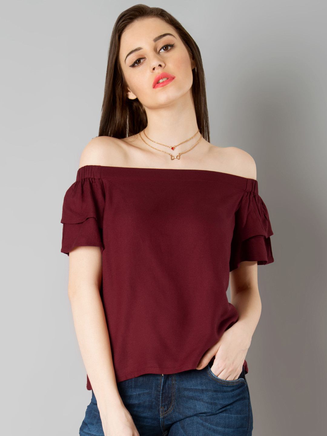 Buy FabAlley Women Maroon Solid Bardot Top - Tops for Women 1985192 ...