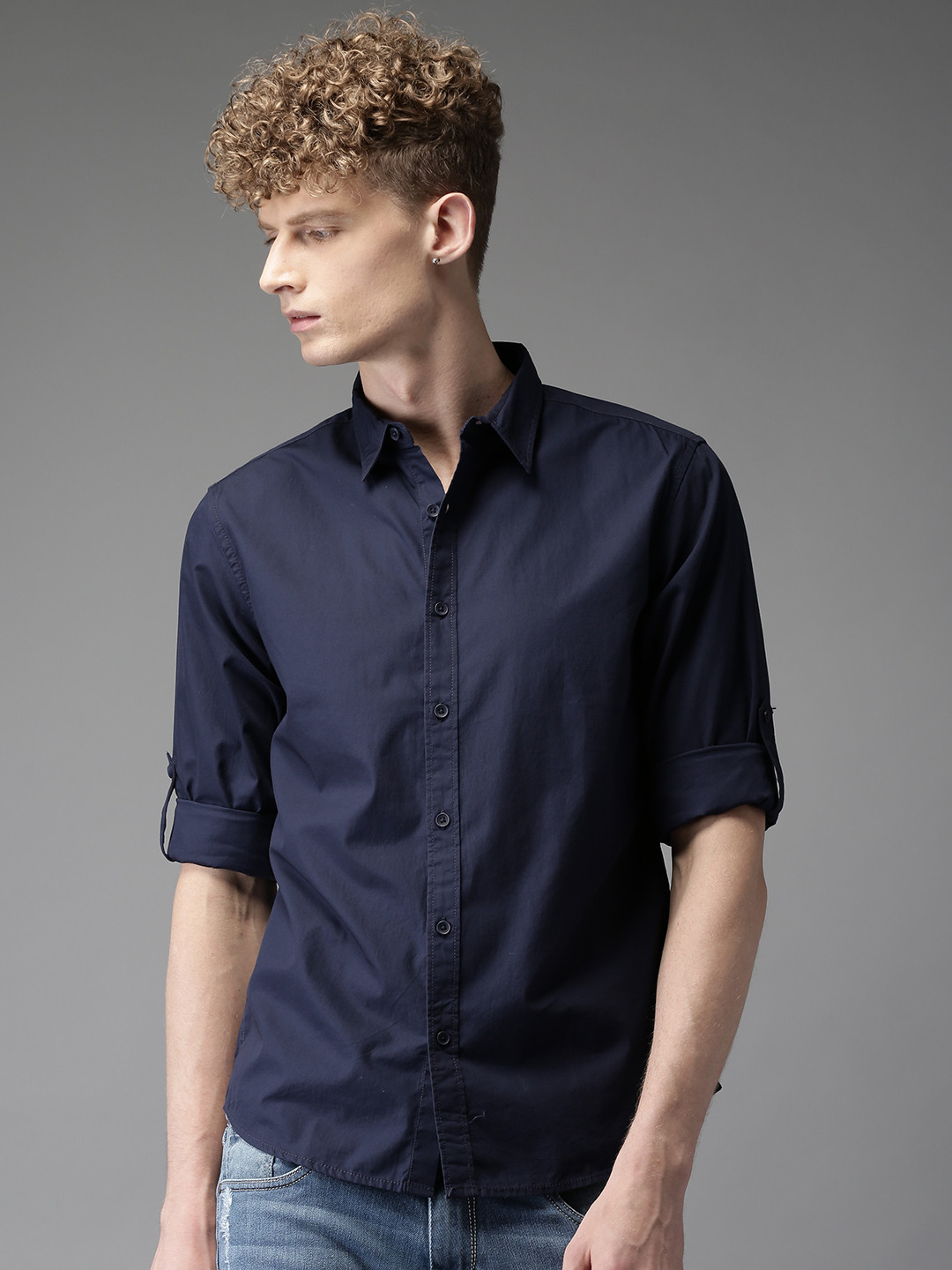 Buy HERE&NOW Men Navy Blue Regular Fit Solid Casual Shirt - Shirts for ...