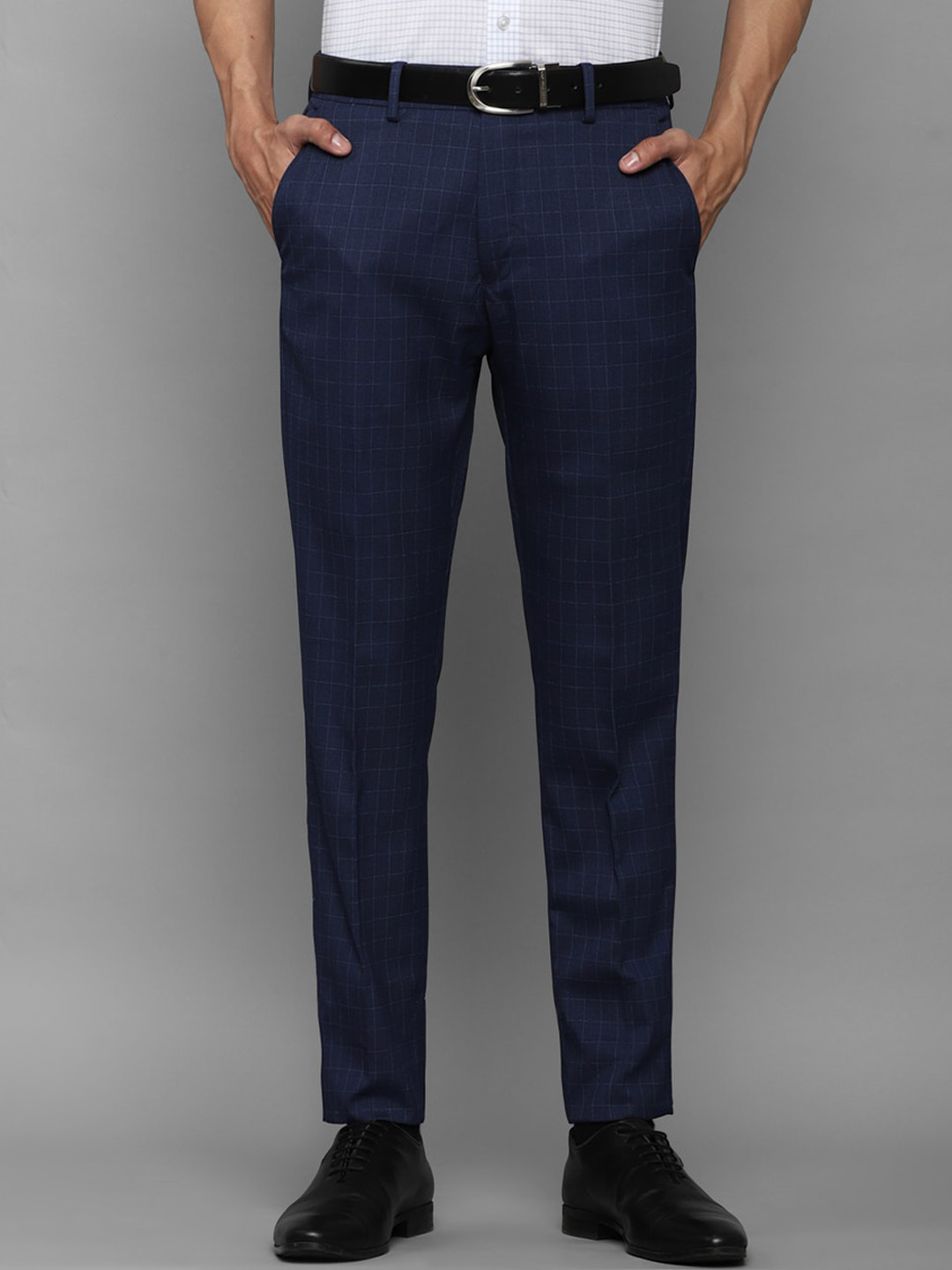 Buy Louis Philippe Men Navy Blue Checked Slim Fit Trousers - Trousers ...