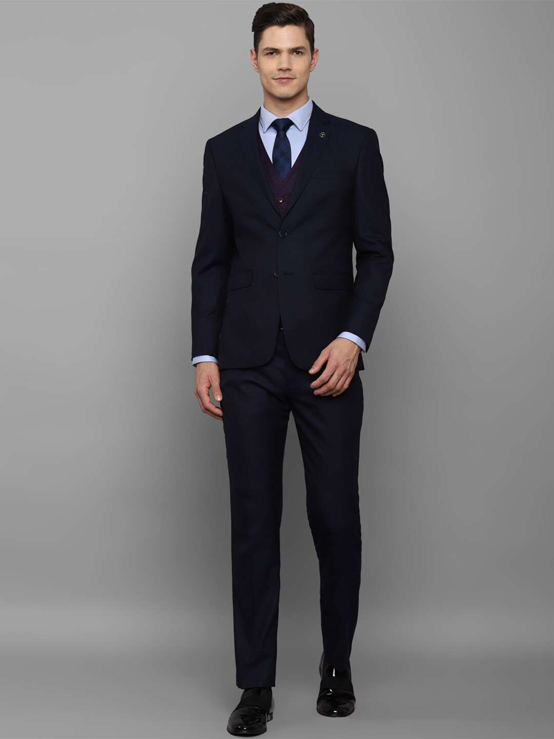 Buy Allen Solly Men Navy Blue Solid Slim Fit Three Piece Suit - Suits ...