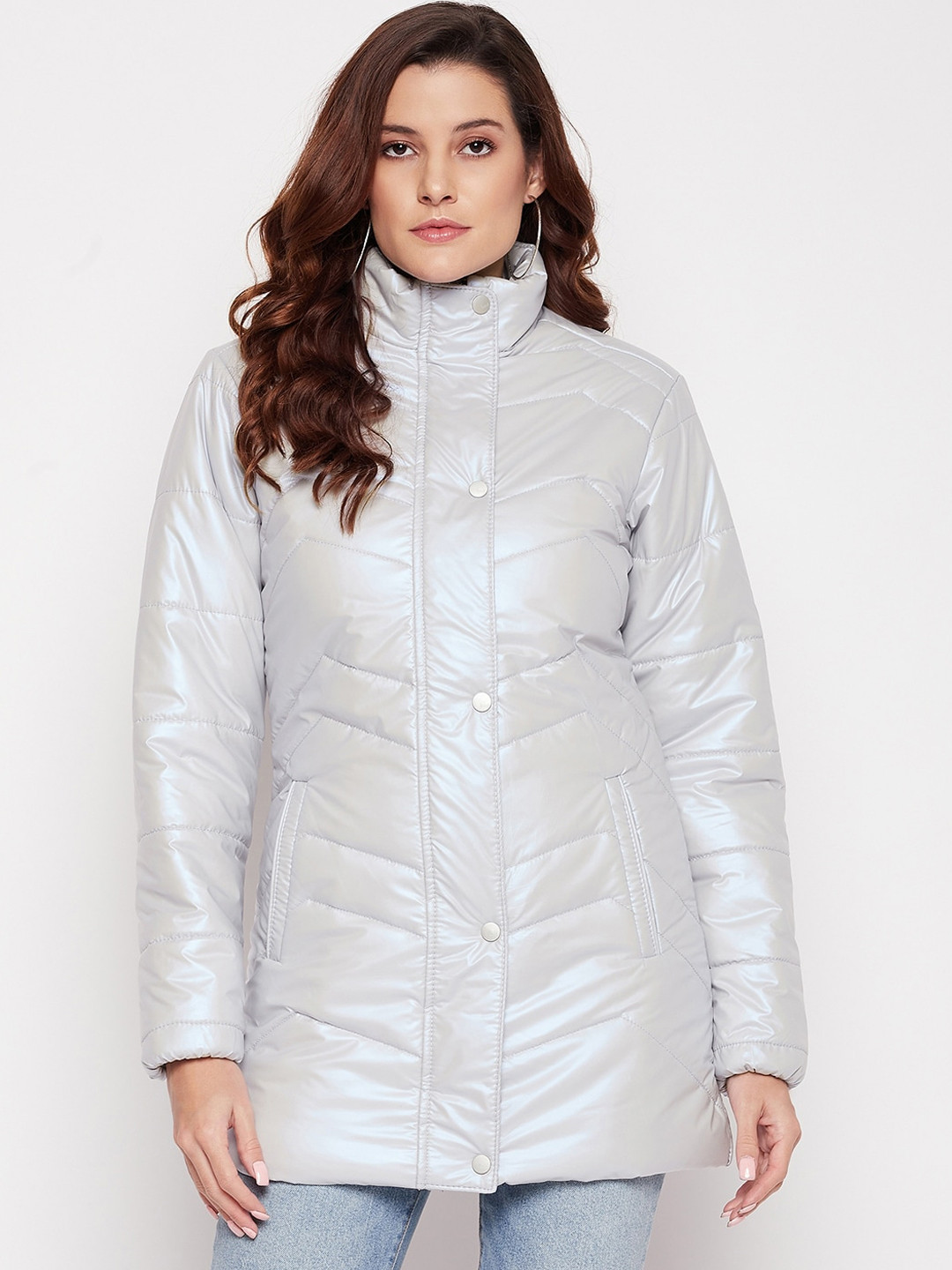 Buy Spirit Women Light Grey Solid Windcheater Longline Padded Jacket ...