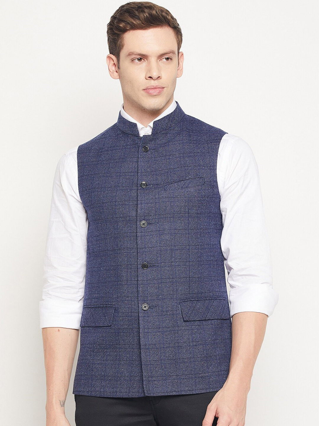 Buy Spirit Men Navy Blue Checked Pure Wool Nehru Jackets - Nehru ...