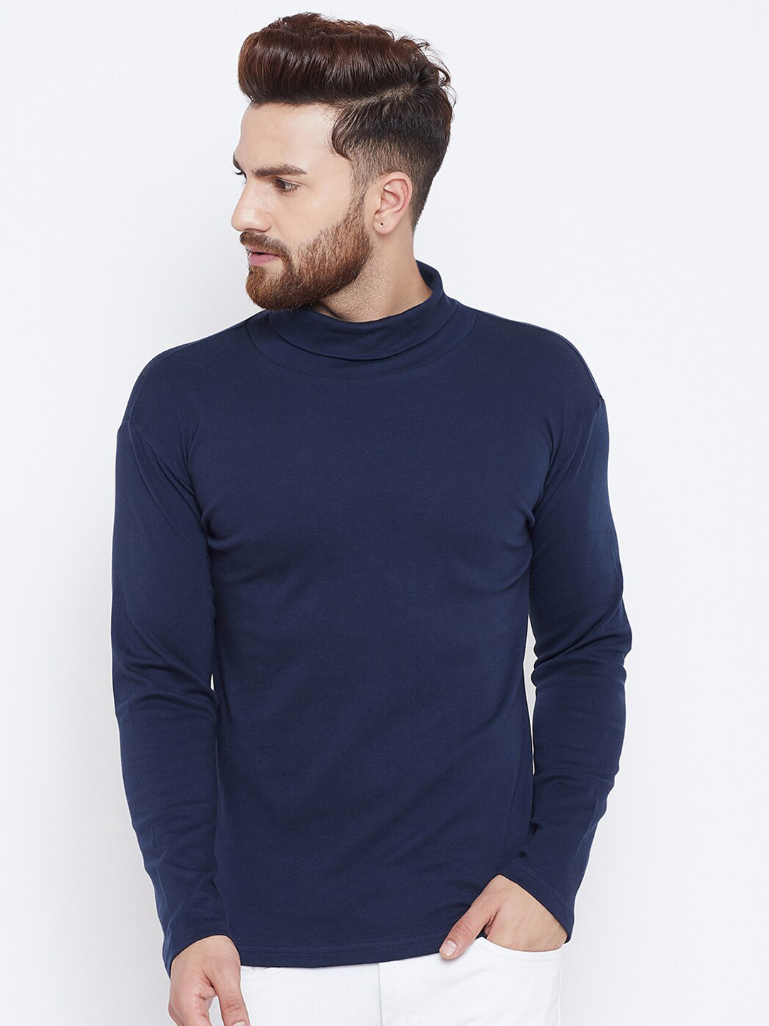 Buy Hypernation Men Navy Blue Turtle Neck Slim Fit Cotton T Shirt ...