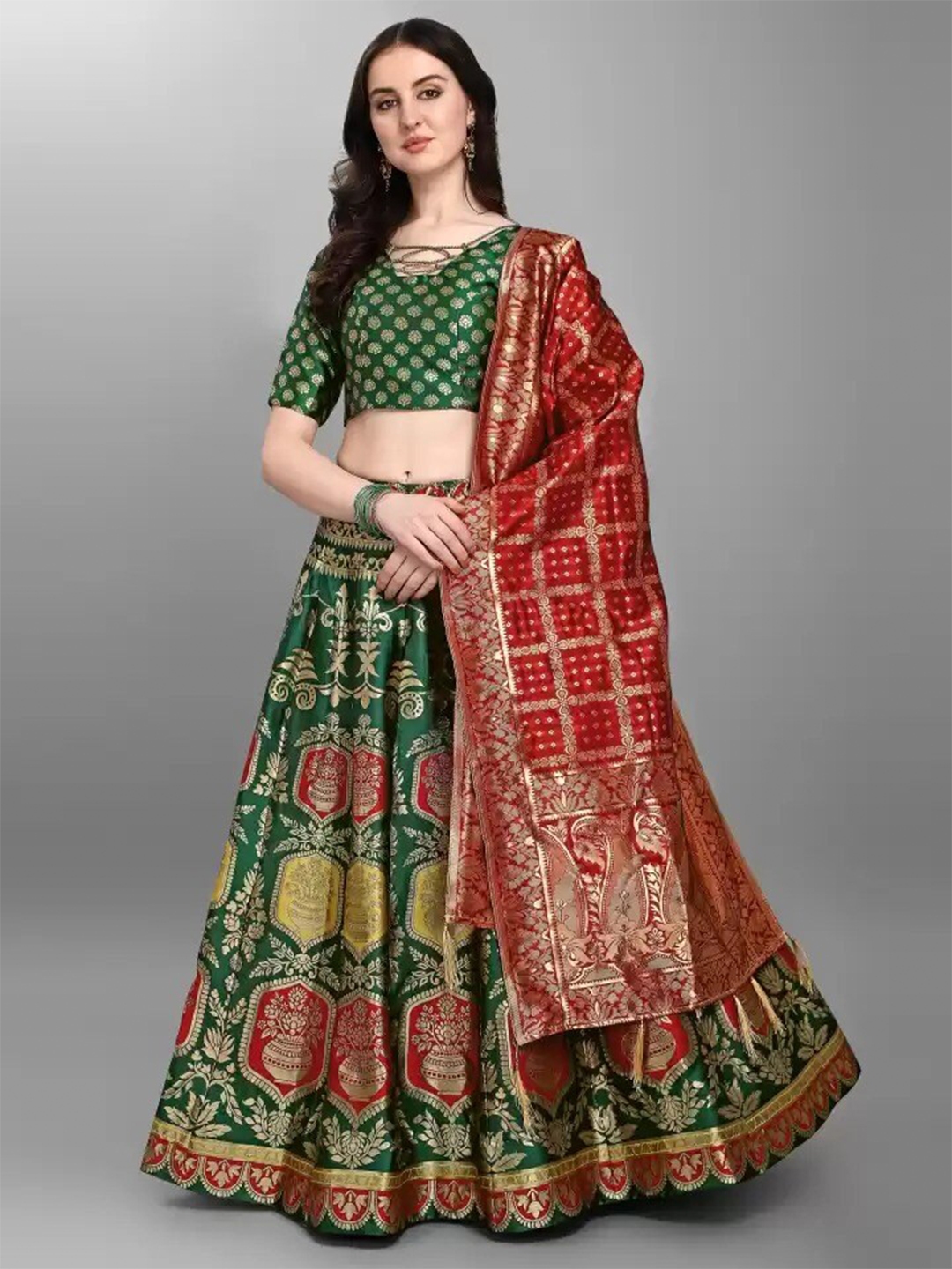Buy Fashionuma Women Green And Maroon Semi Stitched Lehenga And Unstitched