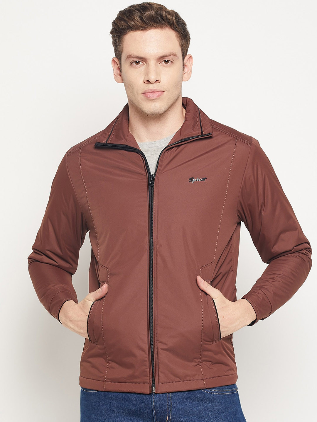 Buy Spirit Men Rust Brown Solid Full Sleeves Windcheater And Water ...
