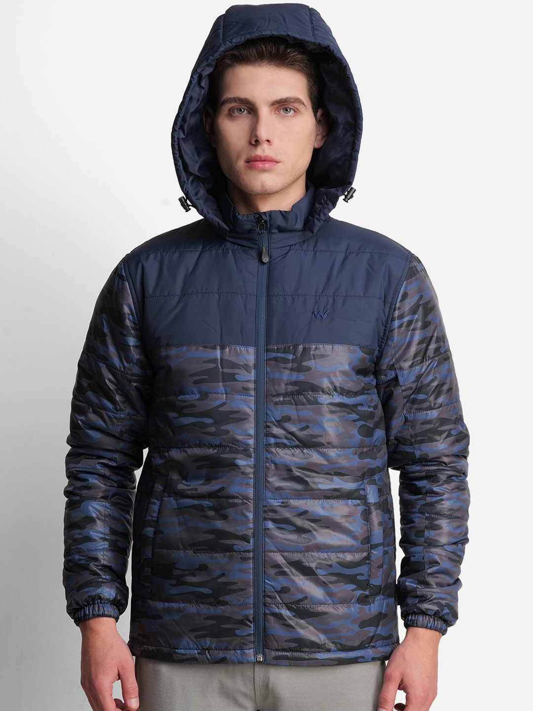 Buy Wildcraft Men Navy Blue Camouflage Windcheater Puffer Jacket ...