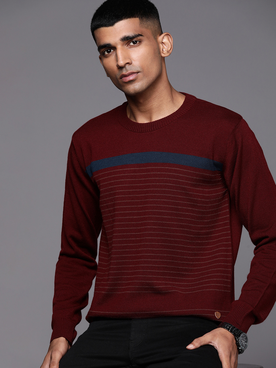 Buy Raymond Men Maroon & Beige Striped Pullover - Sweaters for Men ...