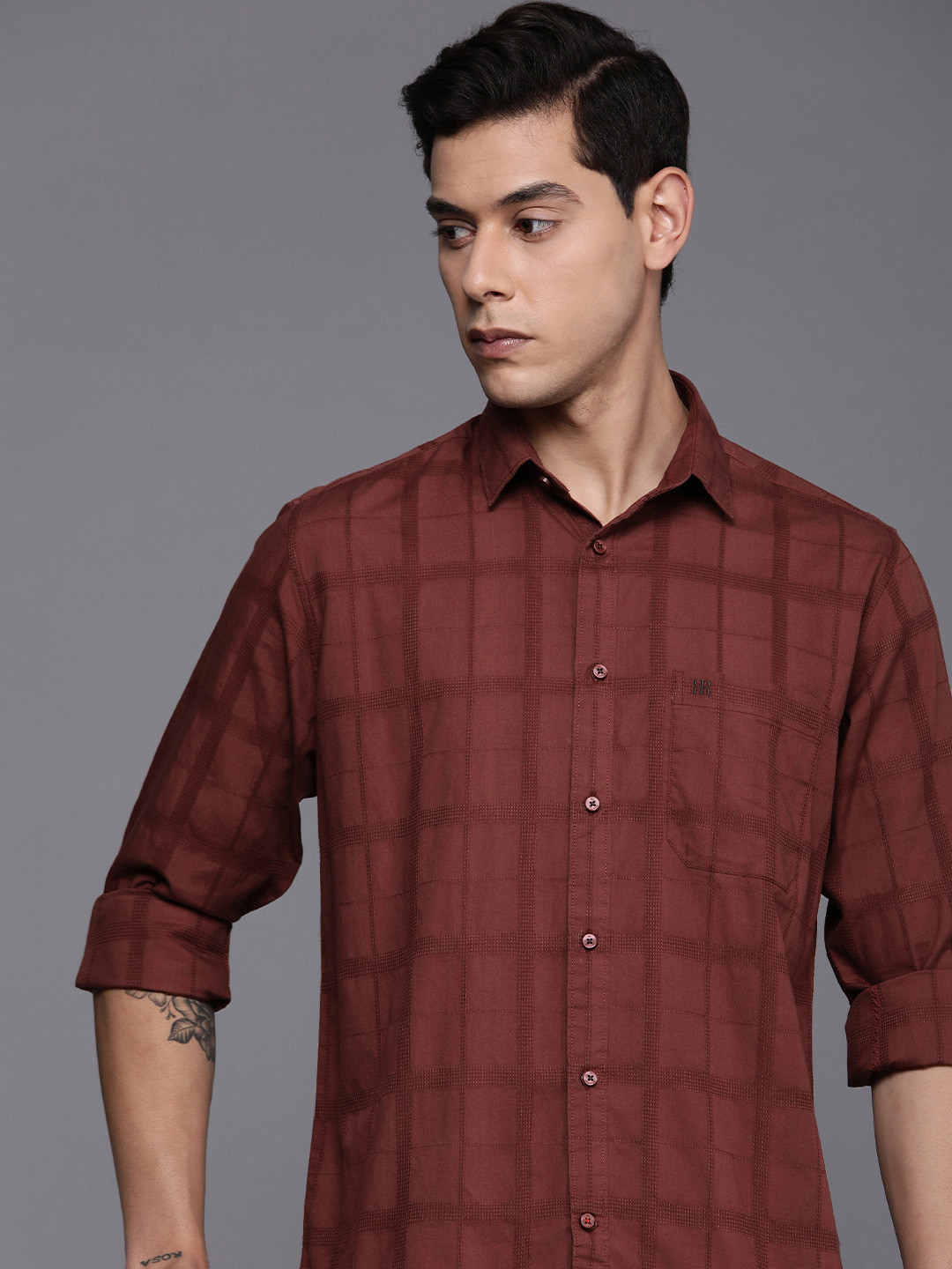 Buy Raymond Men Maroon Slim Fit Self Design Grid Tattersall Checked ...