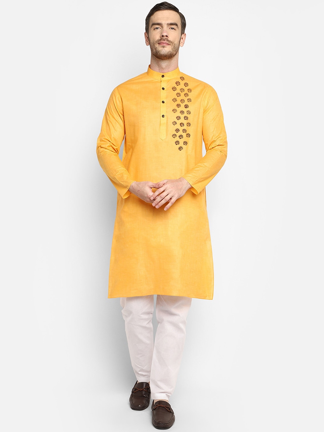 Buy Devoiler Men Mustard Yellow Block Print Mandarin Collar Cotton