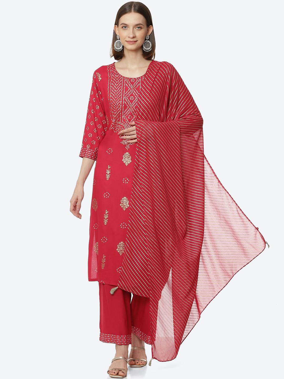 Buy Rangriti Women Red Embroidered Kurti With Palazzos & With Dupatta ...
