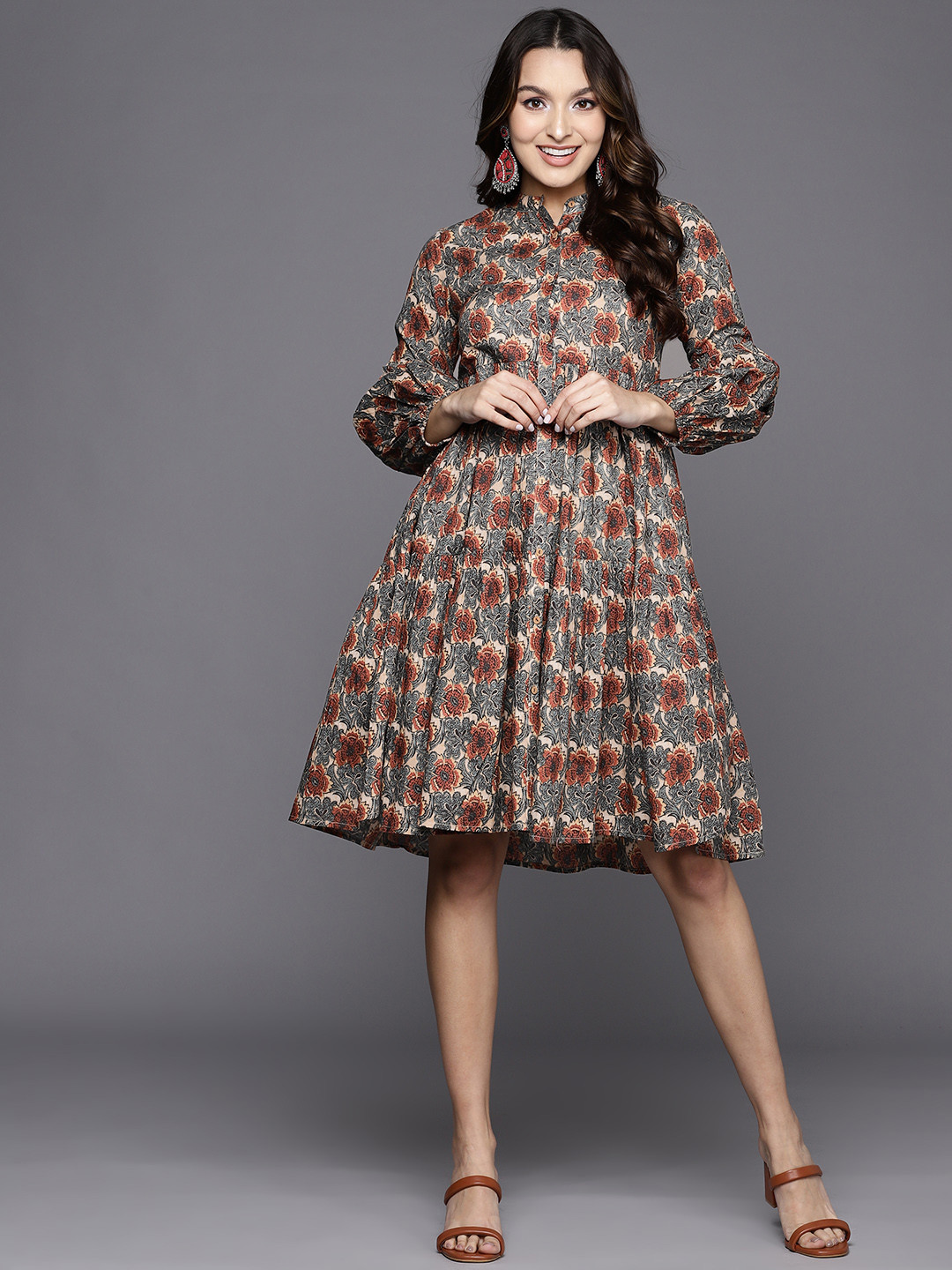 Buy Indo Era Ethnic Motifs Puff Sleeves Mandarin Collar A Line Ethnic ...