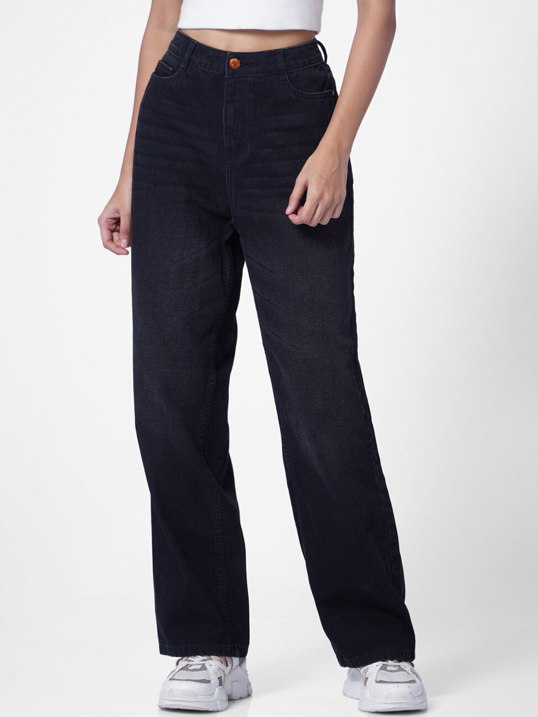 Buy ONLY Women Black Relaxed Fit High Rise Low Distress Light Fade ...