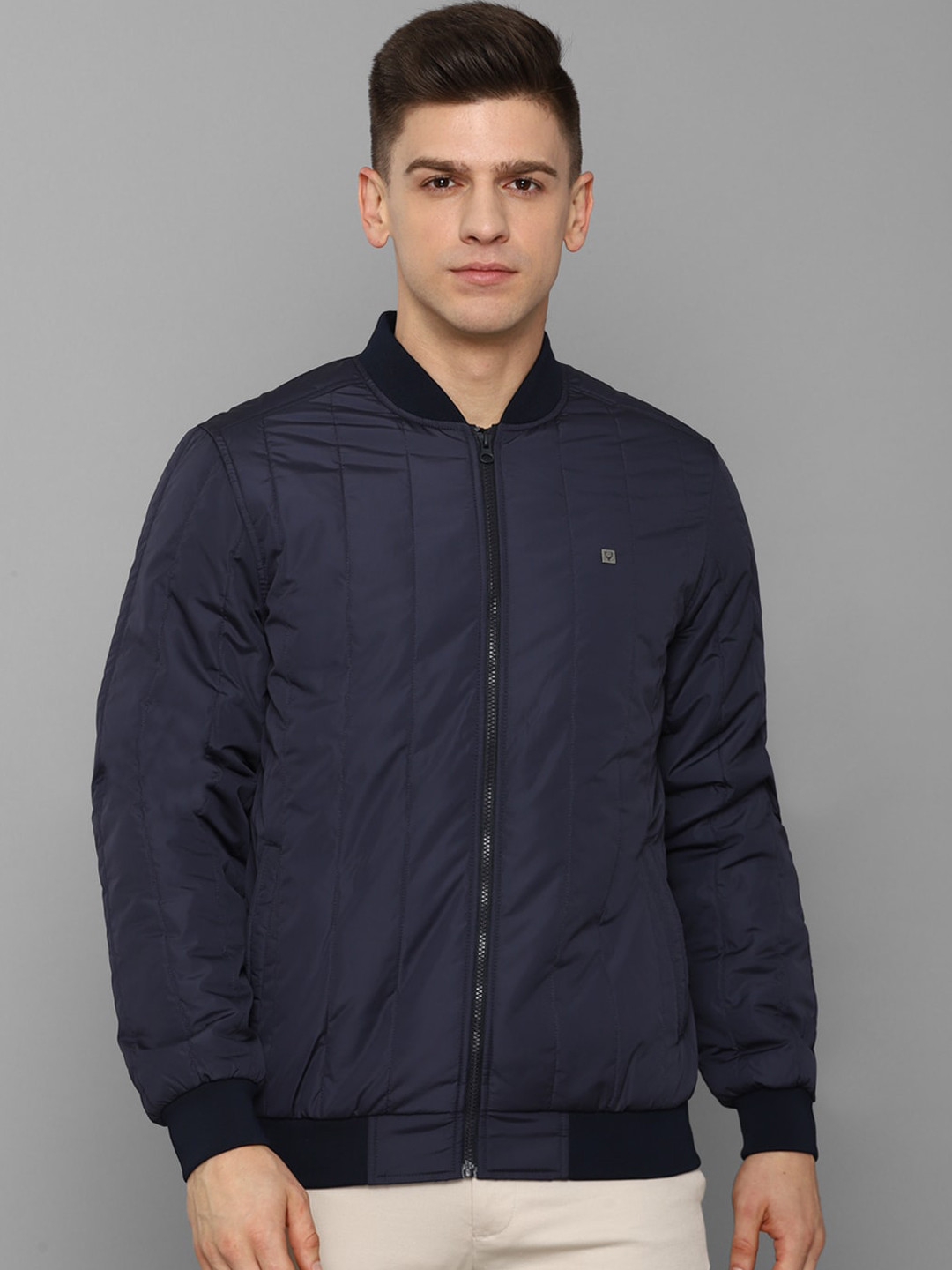 Buy Allen Solly Men Navy Blue Solid Bomber Jacket - Jackets for Men ...
