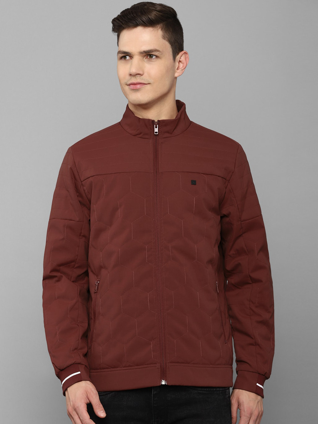 Buy Allen Solly Men Brown Solid Stand Collar Long Sleeves Bomber Jacket ...