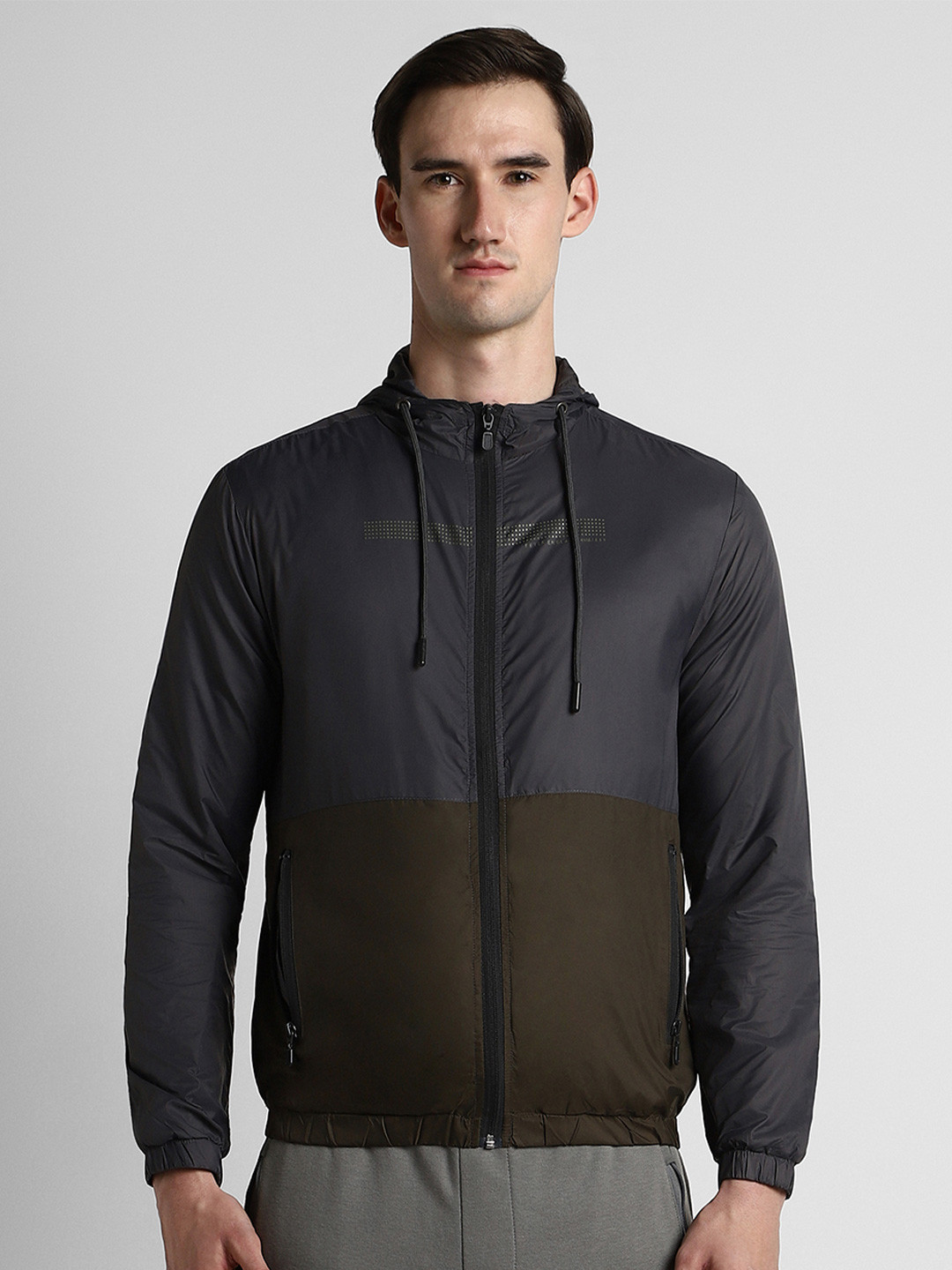 Buy Peter England Casuals Men Grey & Olive Green Colourblocked Hooded ...