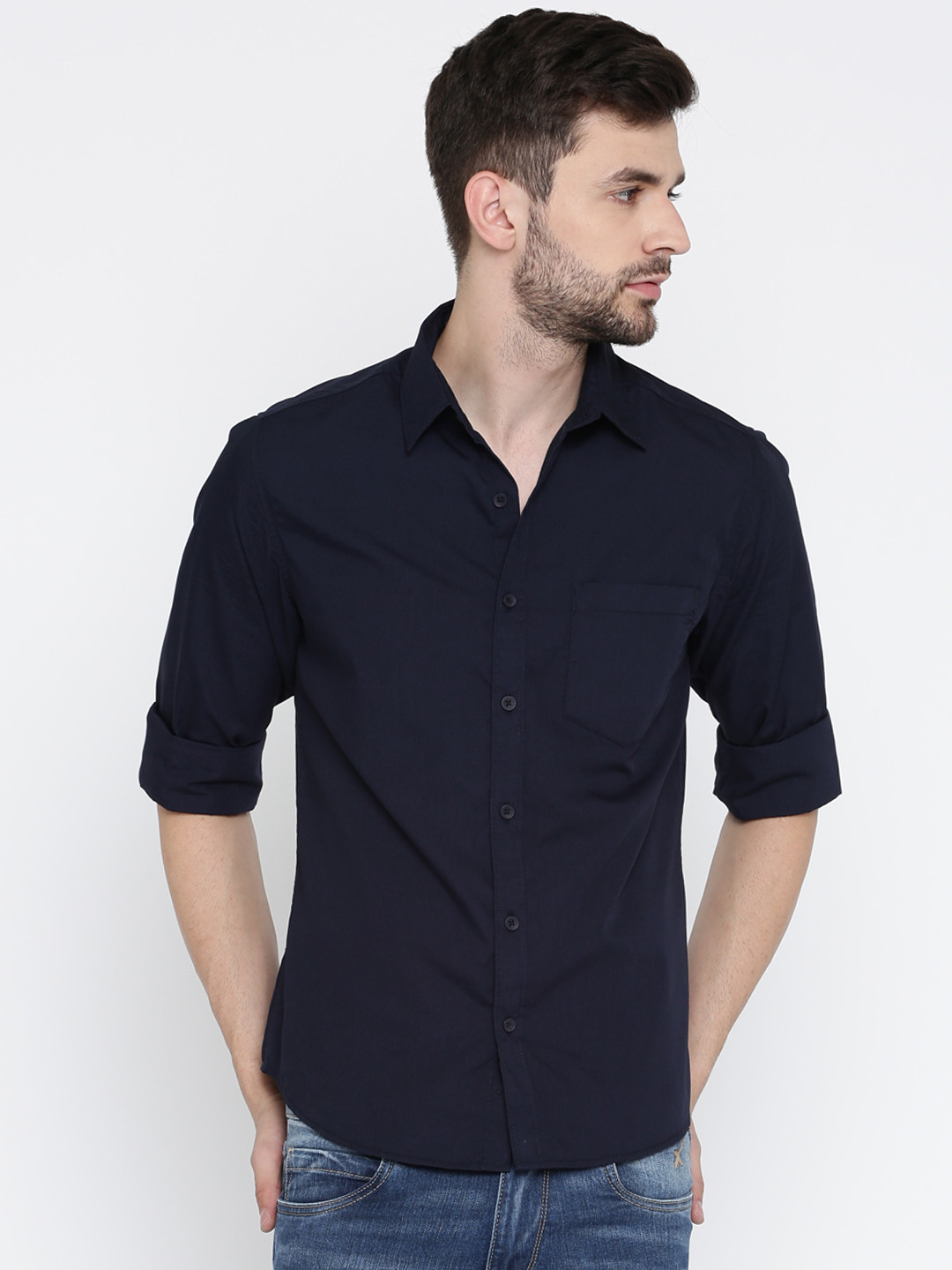 Buy HERE&NOW Men Navy Blue Regular Fit Solid Casual Shirt - Shirts for ...