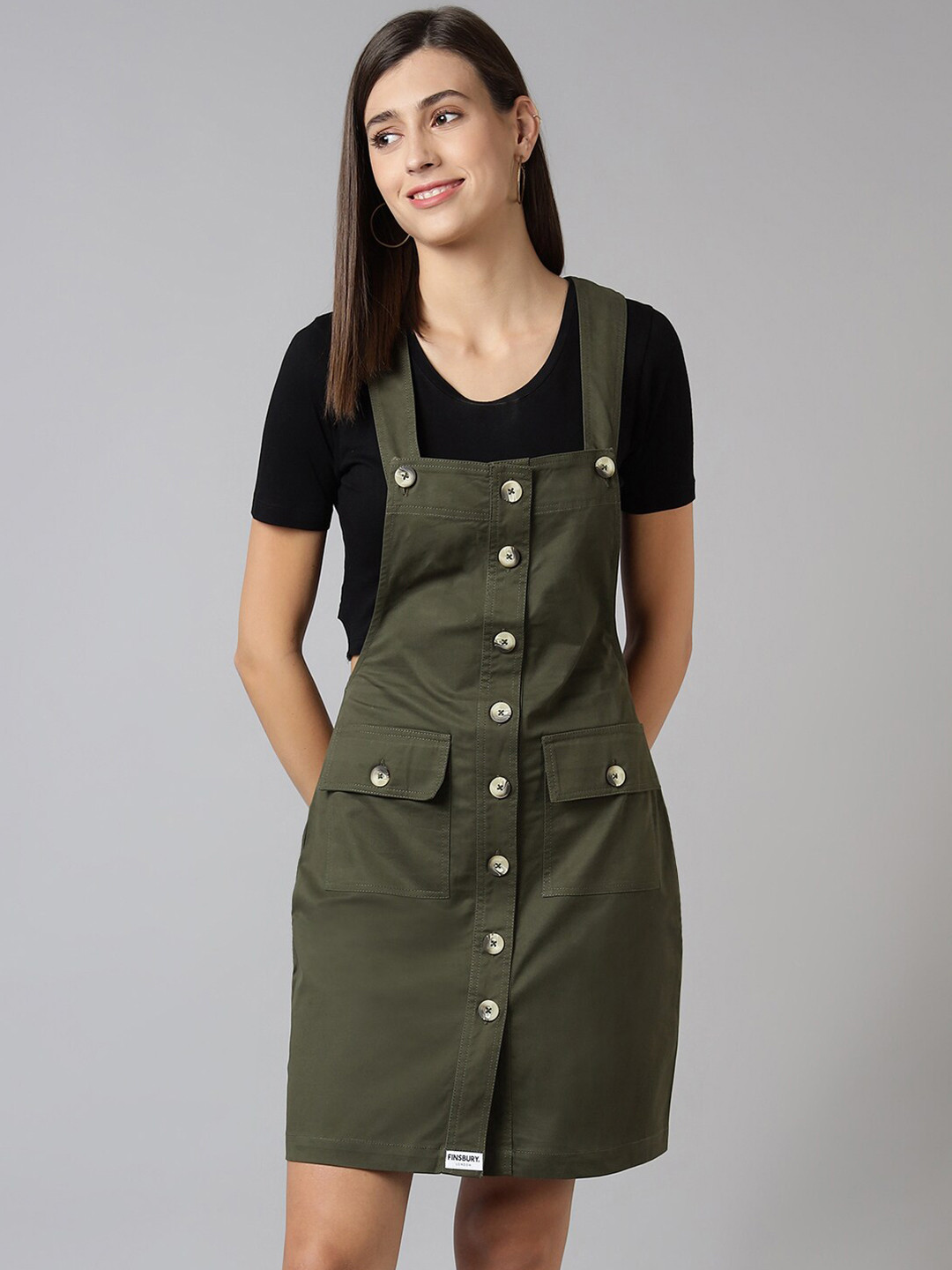 Buy FINSBURY LONDON Women Olive Green Pinafore Dress - Dresses for ...