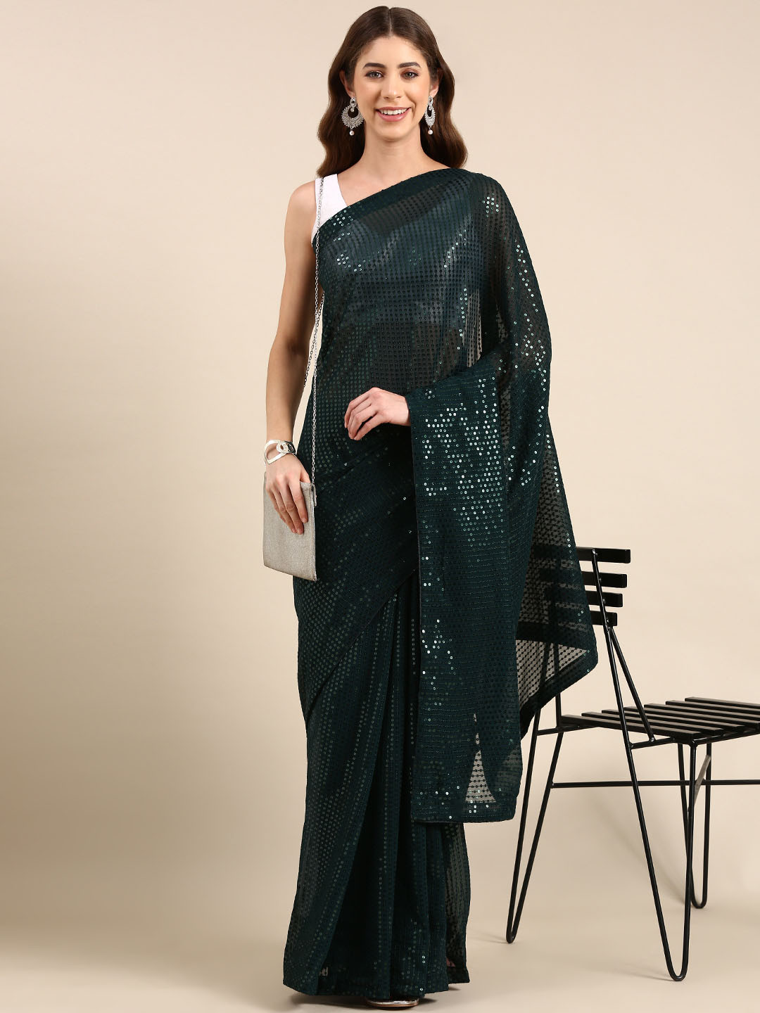 Buy CLEMIRA Green Embellished Sequinned Saree - Sarees for Women ...