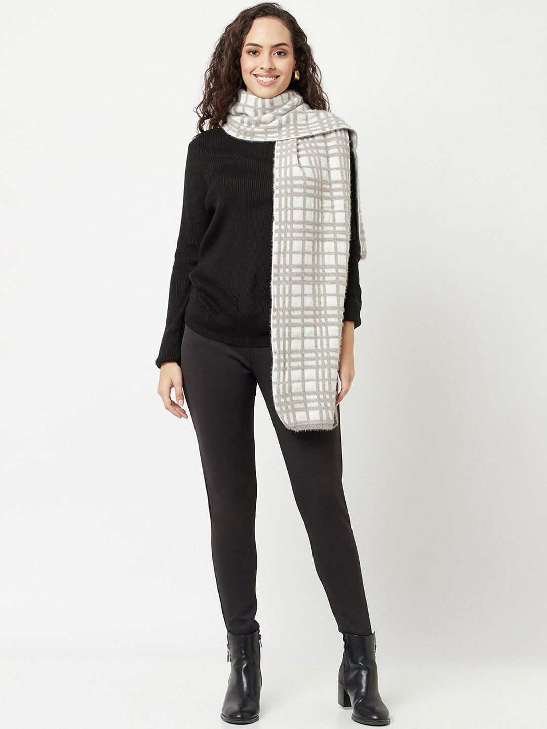 Buy Knitstudio Woman Grey Checked Knitted Muffler - Mufflers for Women ...