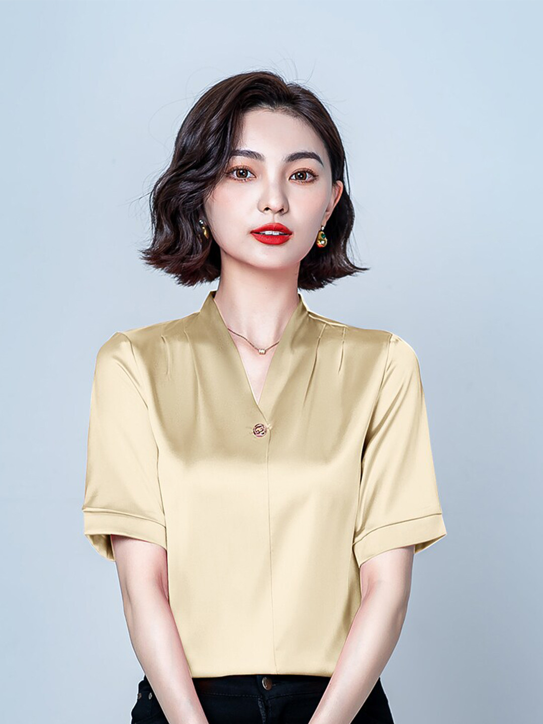 Buy JC Collection Champagne Solid V Neck Polyester Top - Tops for Women ...