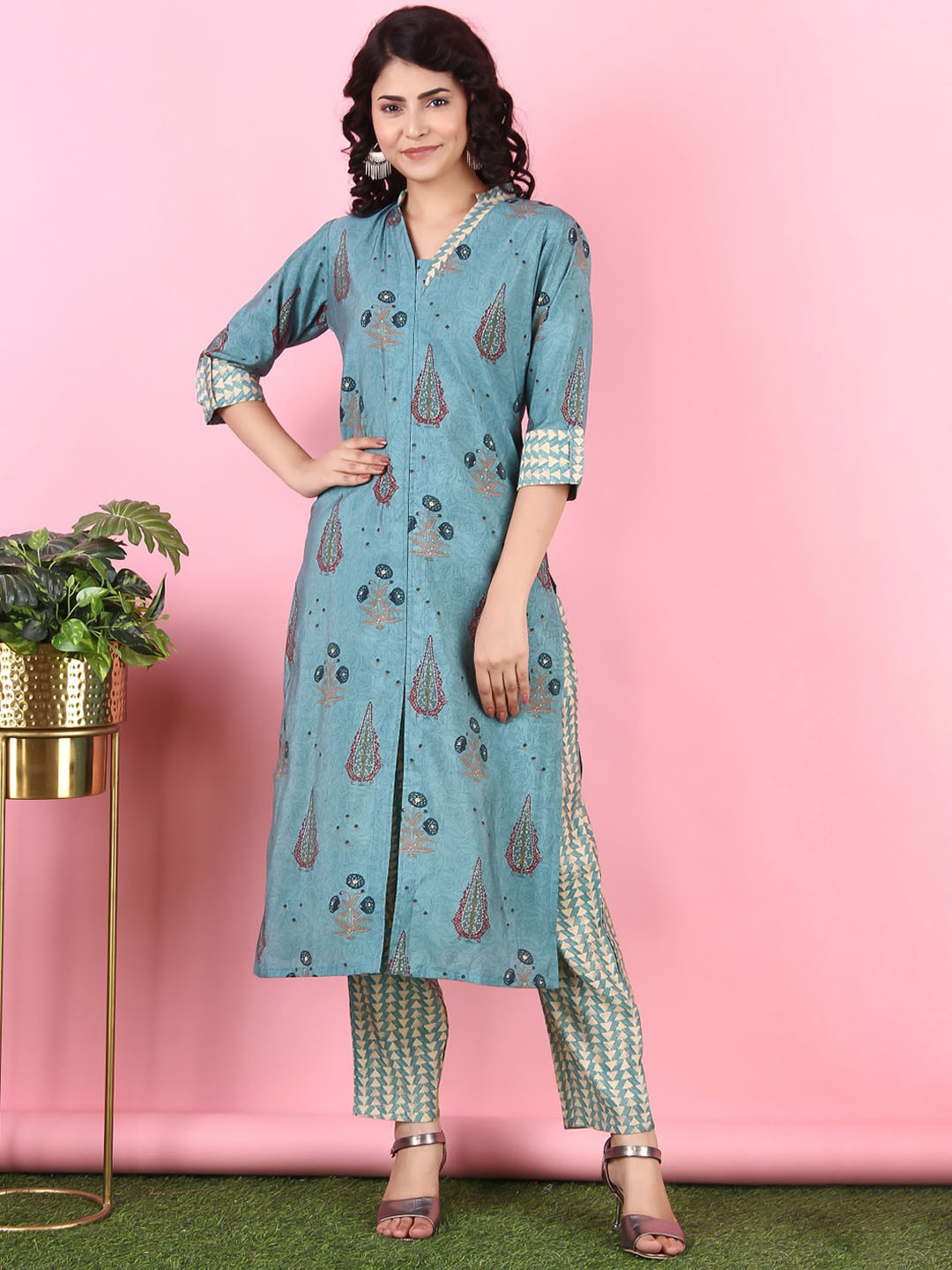 Buy V TRADITION Women Blue Ethnic Motifs Printed Kurta With Trouser ...