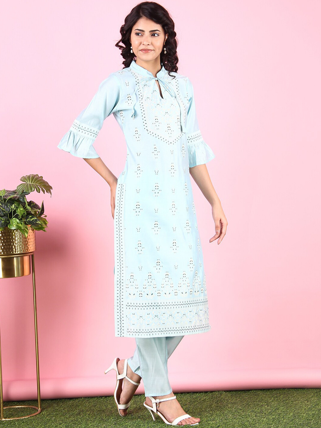 Buy V TRADITION Women Blue Ethnic Motifs Printed Kurta With Trouser ...