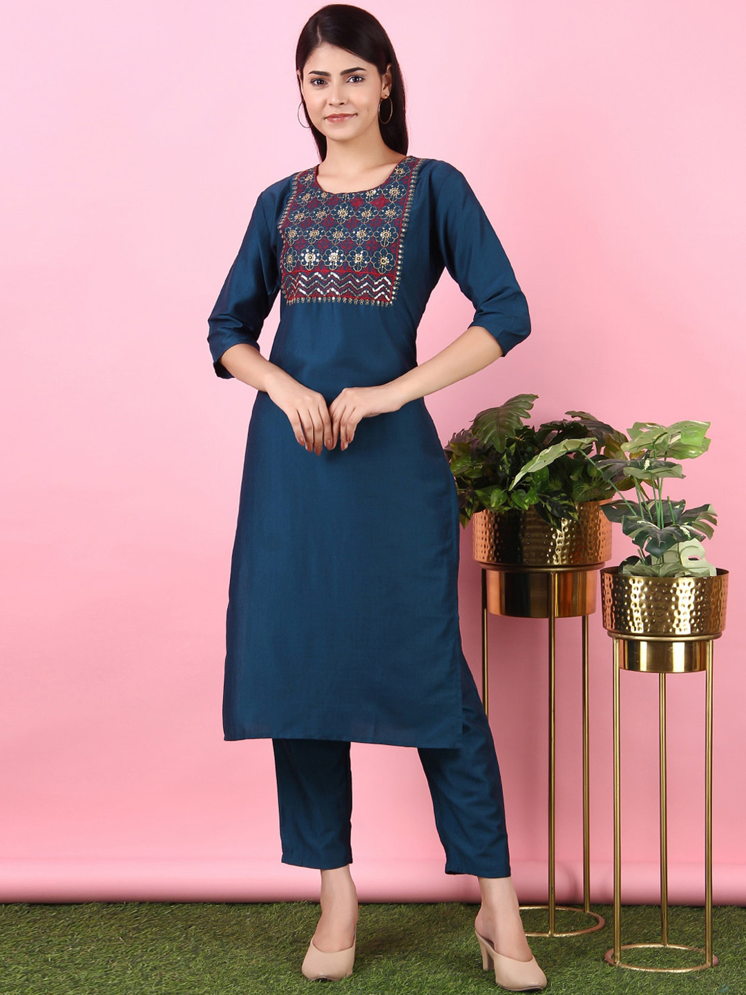 Buy V TRADITION Women Blue Embroidered Kurta With Trouser - Kurta Sets ...