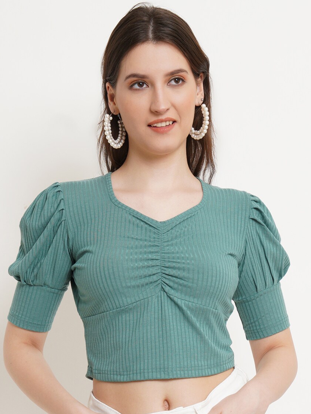 Buy Popwings Sea Green Striped Crop Top Tops For Women 19877218 Myntra