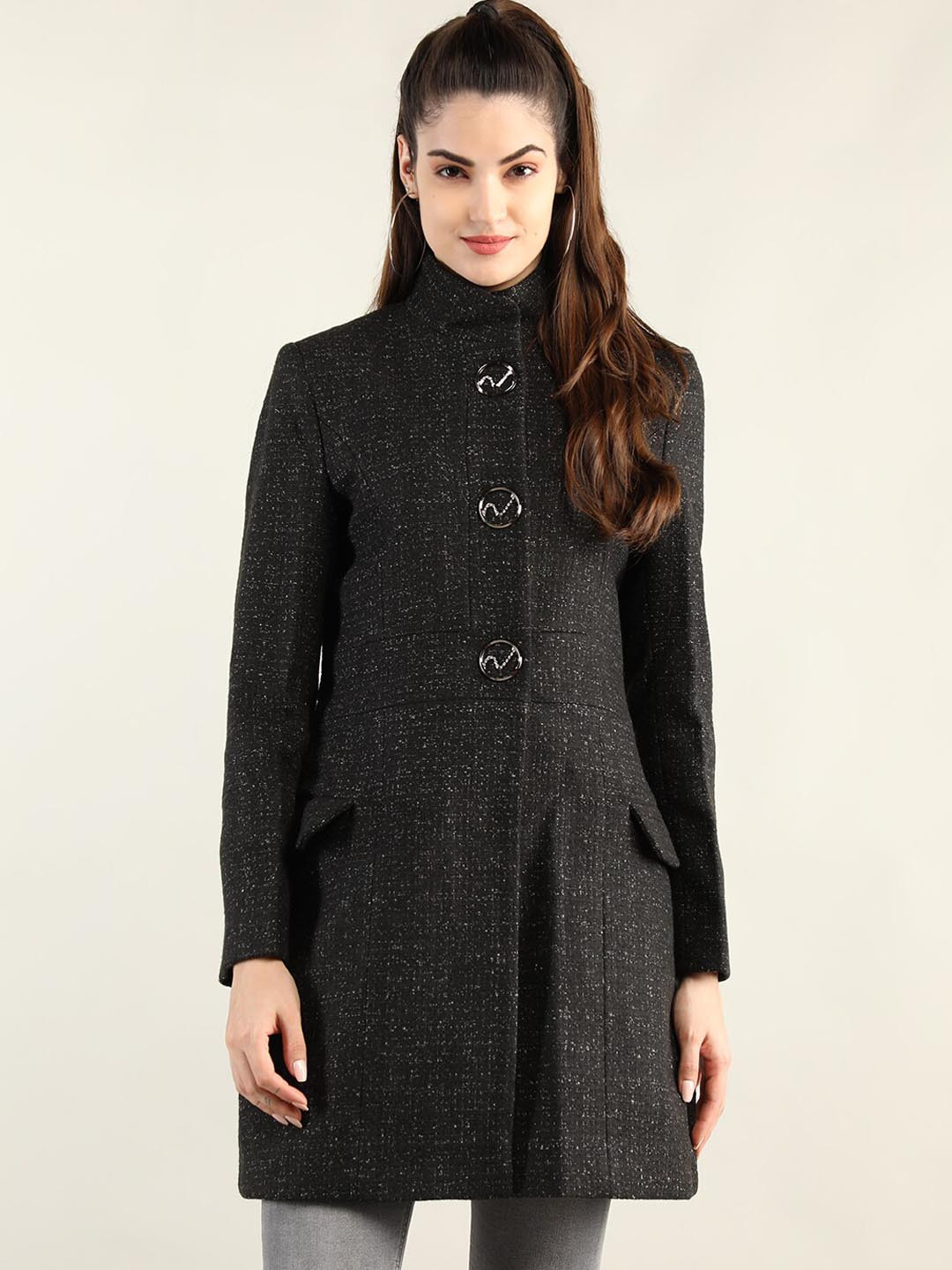 Buy LURE URBAN Women Black Self Design Woolen Over Coat - Coats for ...